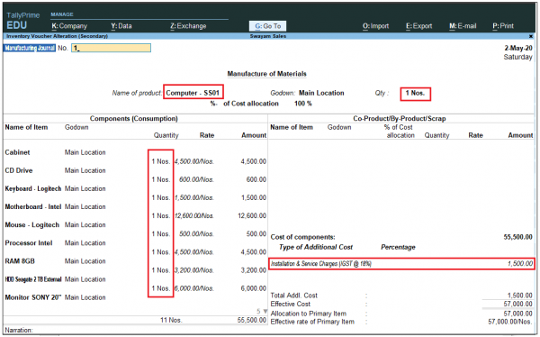 Bill of Materials (BoM) in TallyPrime Accounting Software – TallyPrime ...
