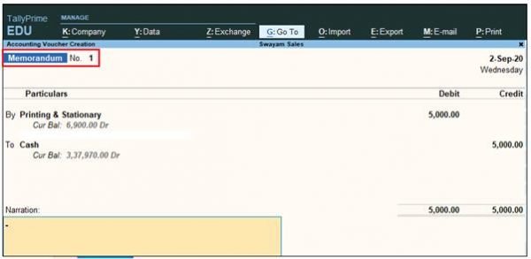 Memo (Memorandum) Voucher in TallyPrime Accounting Software ...