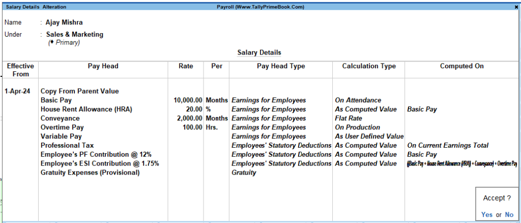 Salary Details Master Setup under Payroll using TallyPrime – TallyPrime Book (Tutorial ...